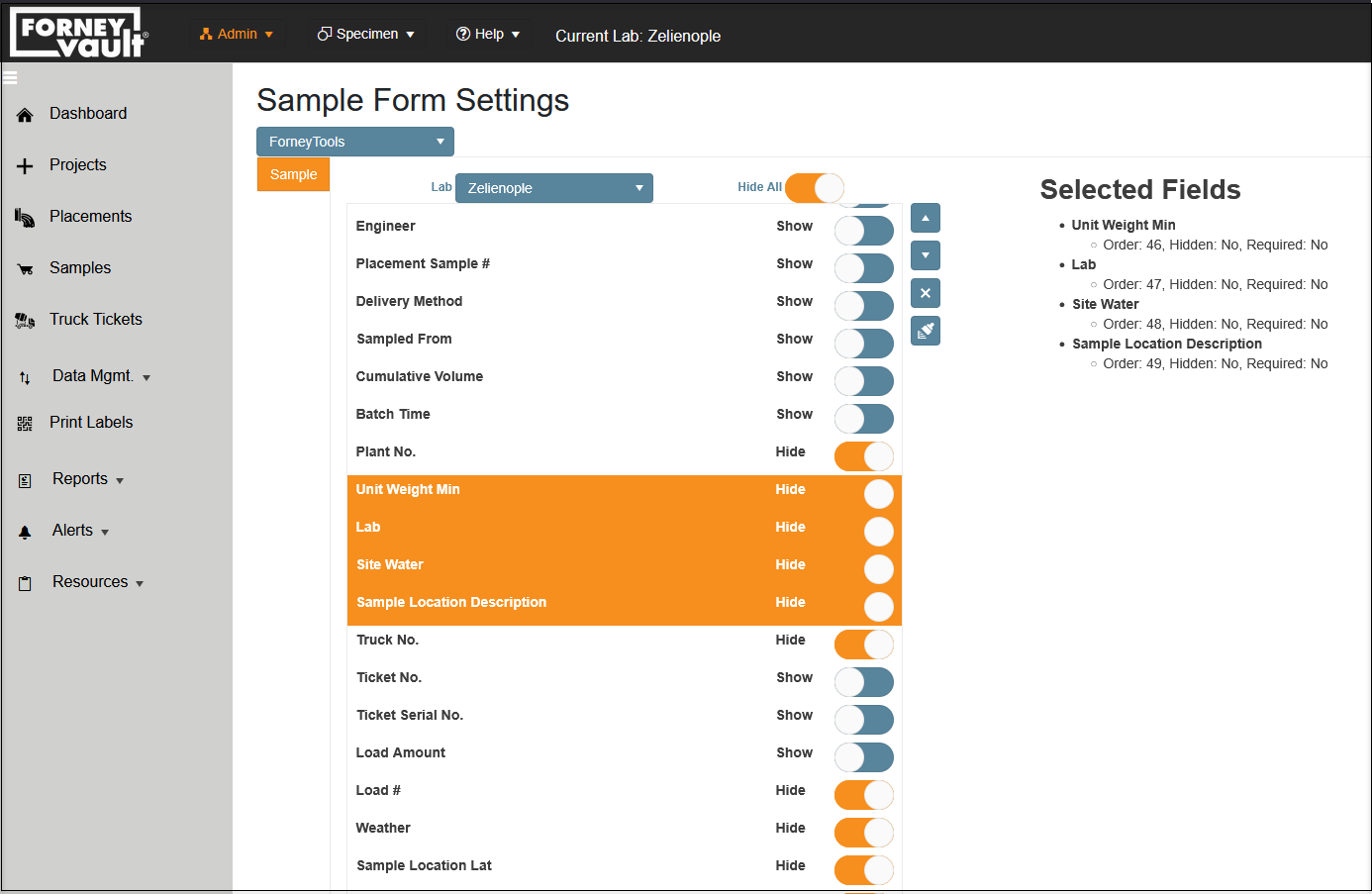 How do I configure the sample form fields displayed when creating a sample in ForneyTools®?